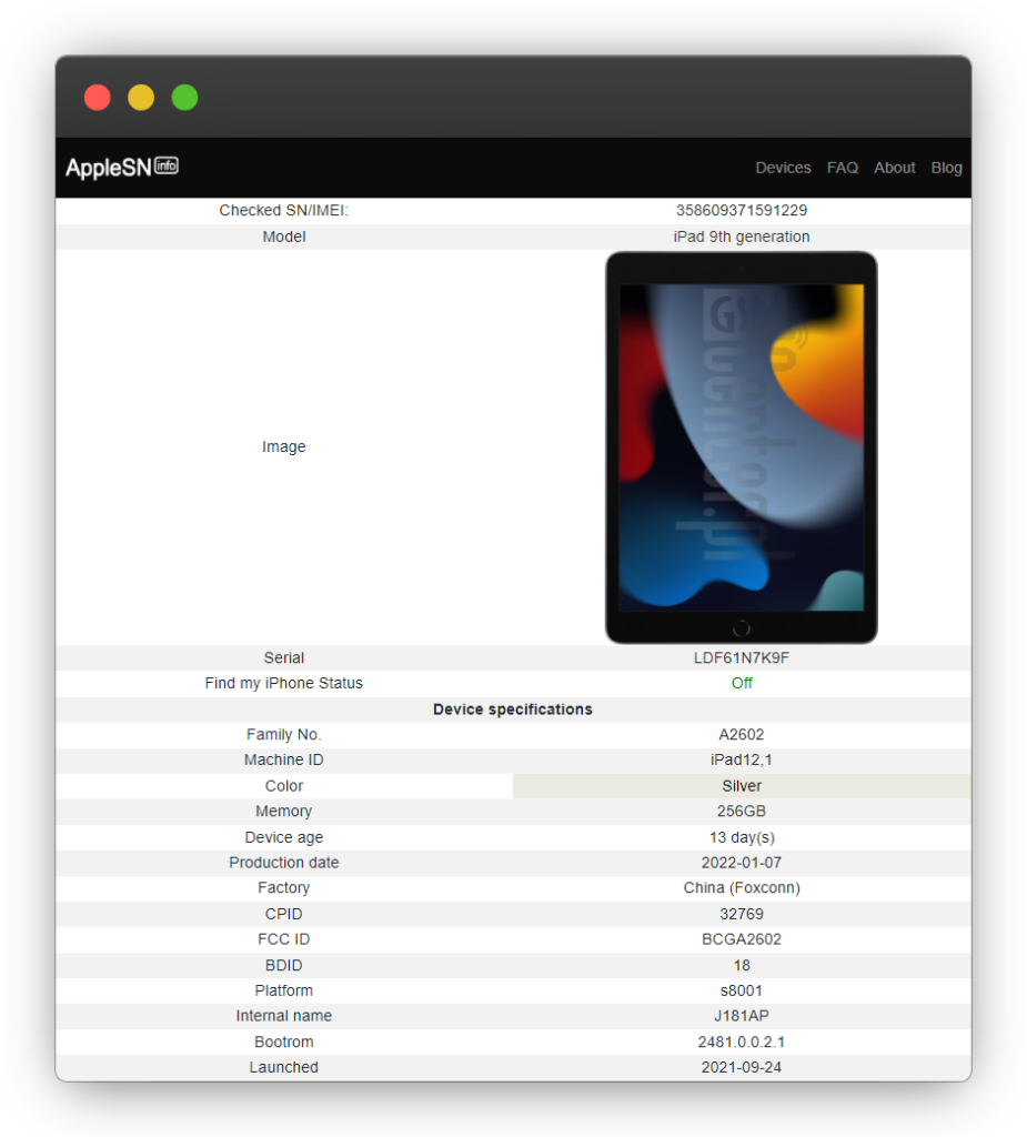 Apple IPad 9th Generation Serial Number Lookup AppleSN info